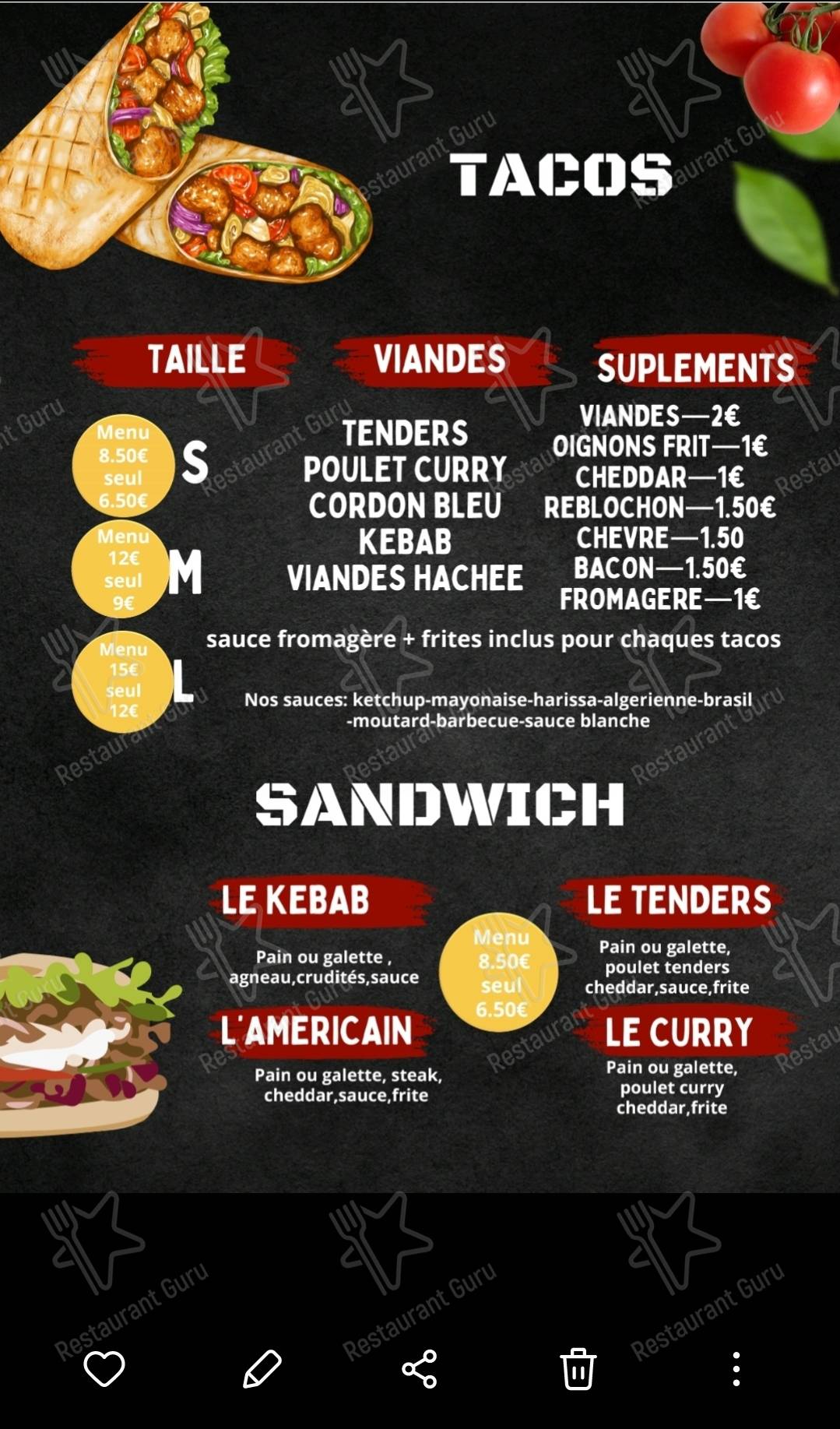 Carta del restaurante Rolling Food Tacos Burger Nice, Niza