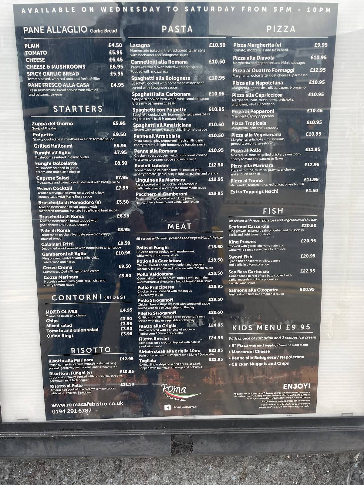 Menu at Roma cafe bistro, Atherton, 77 Market St