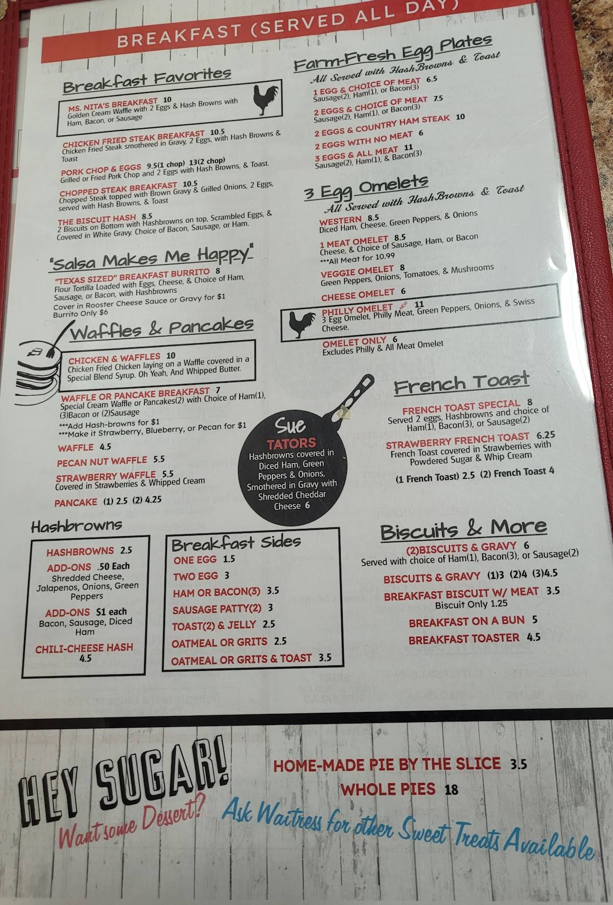 Menu at Rooster’s Country Cooking restaurant, Reno