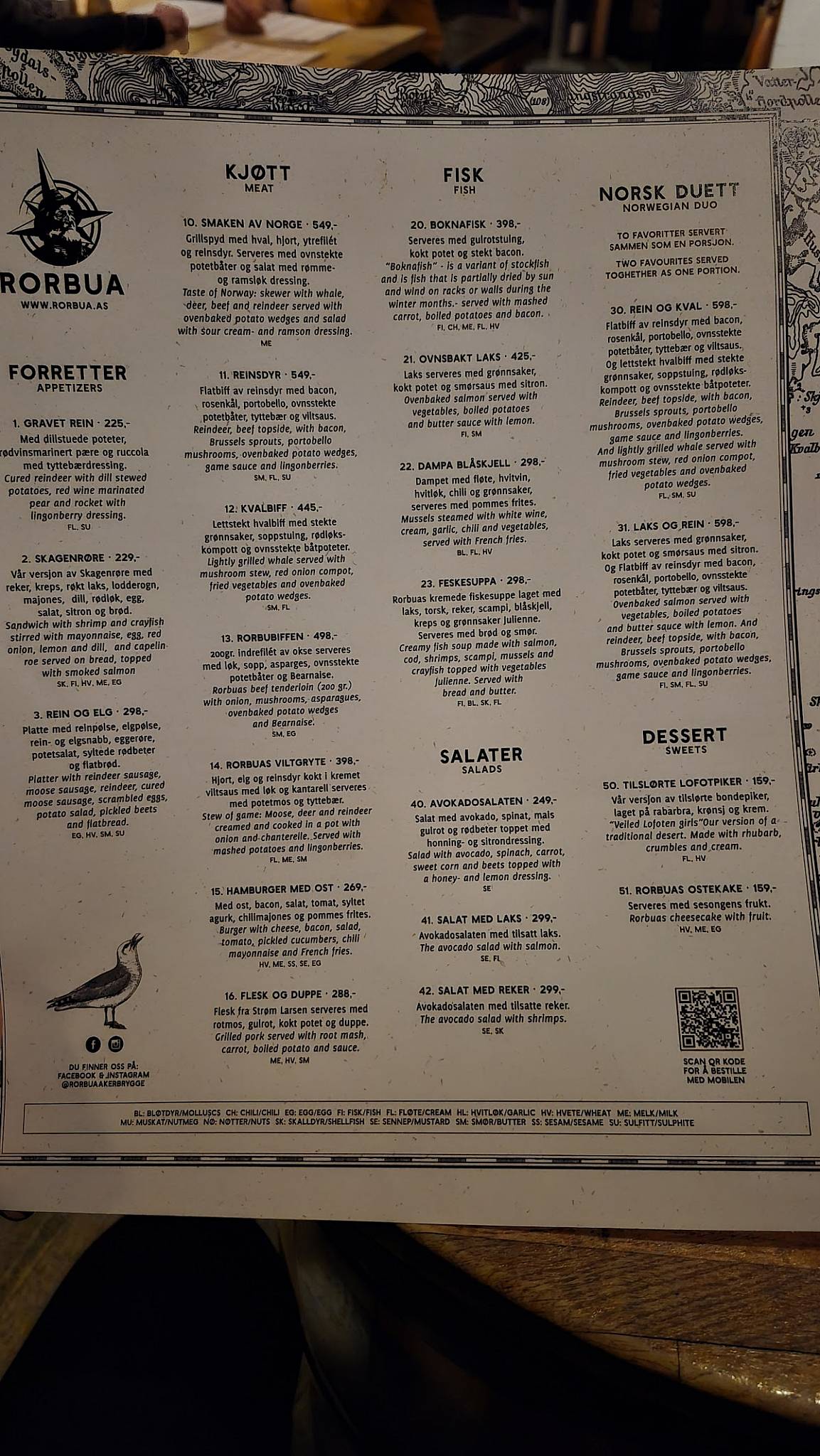 Menu at Rorbua Aker Brygge restaurant, Oslo