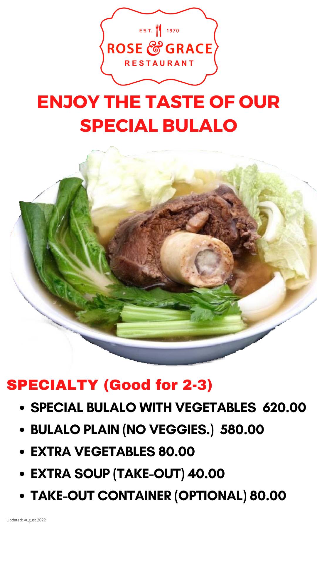 Menu at Rose and Grace Restaurant, Santo Tomas, 1
