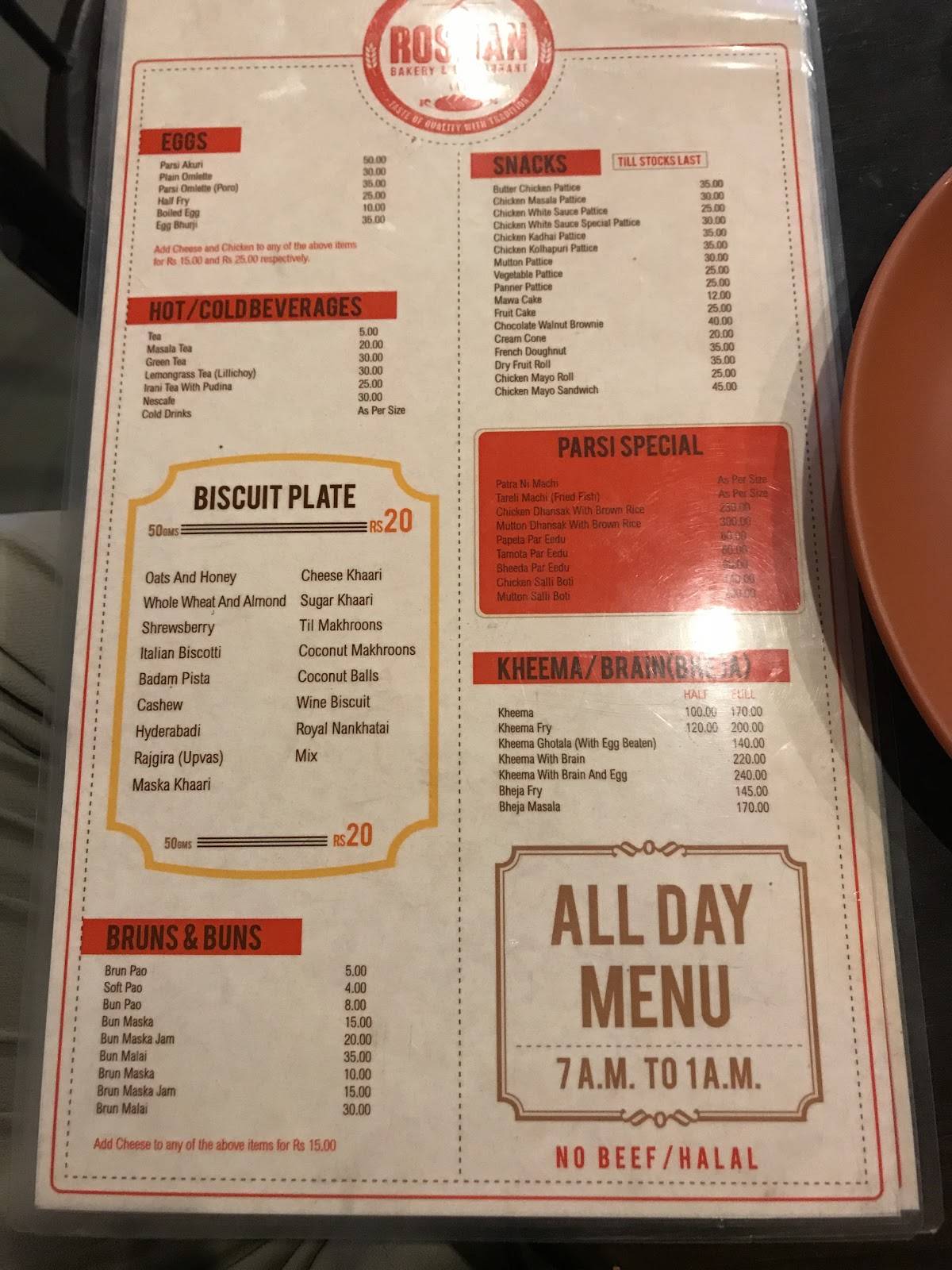 Menu at Roshan Bakery and Restaurant, Mumbai, telephone exchange