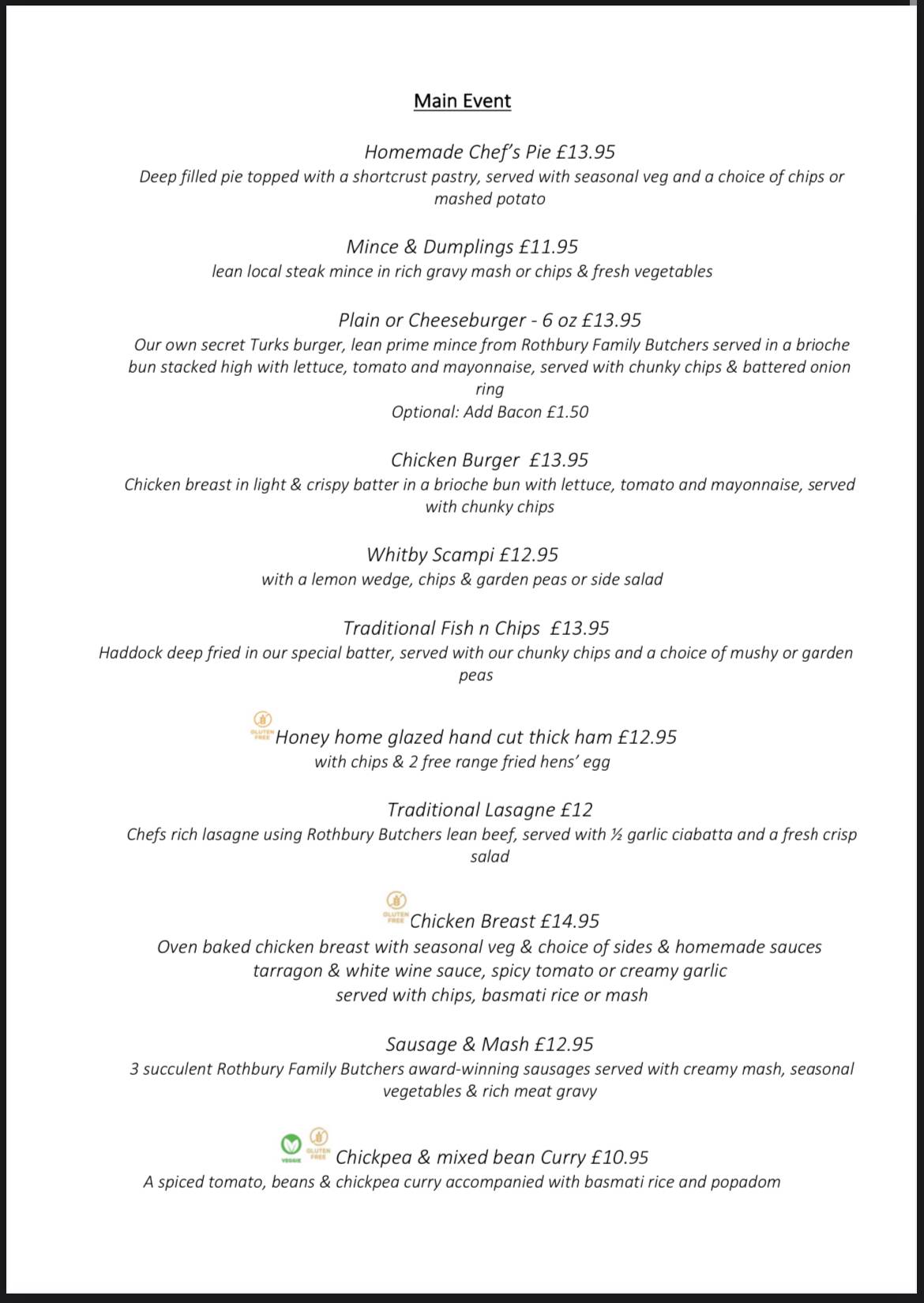 Menu at The Turks Head pub & bar, Rothbury