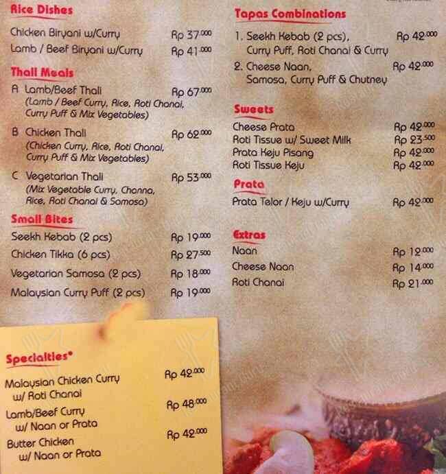 Menu at Roti Prata Tamarind restaurant, Jakarta, Ganci