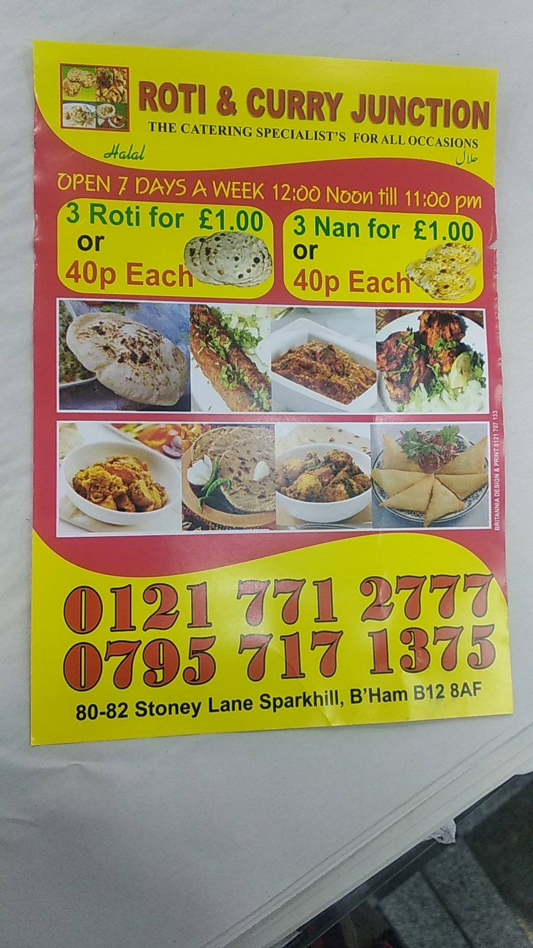 Menu at Roti & Curry Junction restaurant, Birmingham, 80 Stoney Ln
