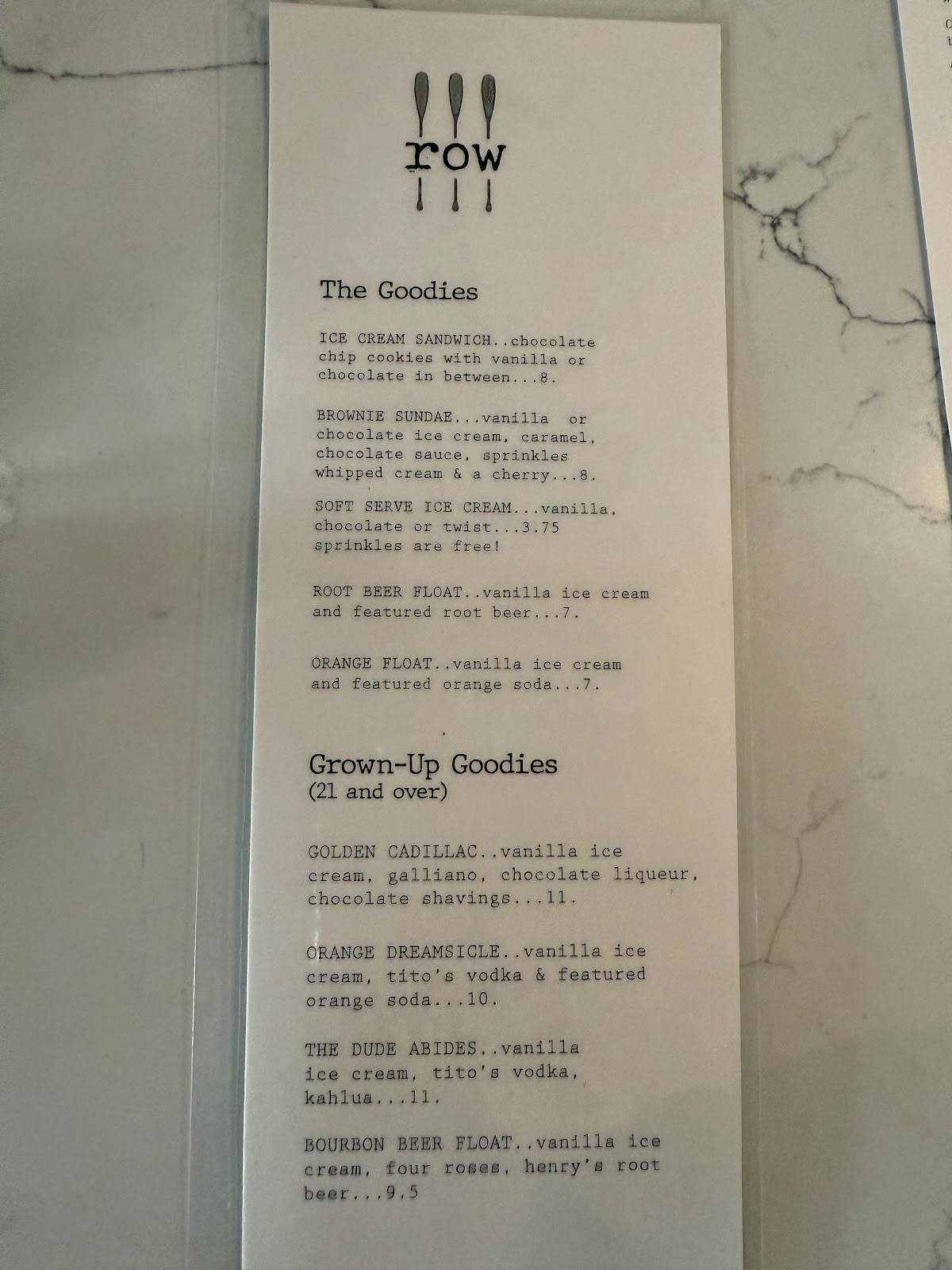 Menu at Row restaurant, Olympia