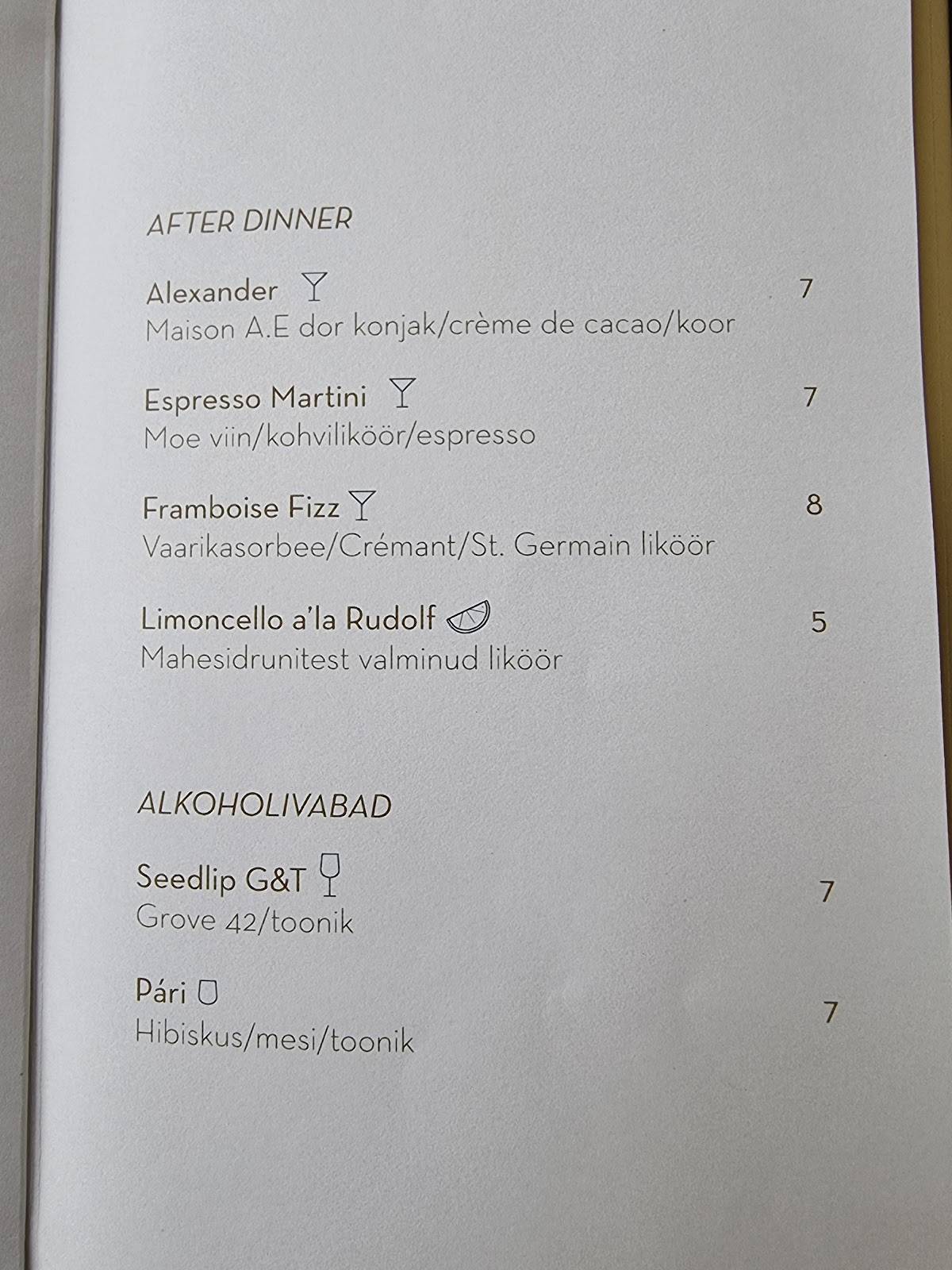 Menu at Rudolf Restaurant, Tallinn