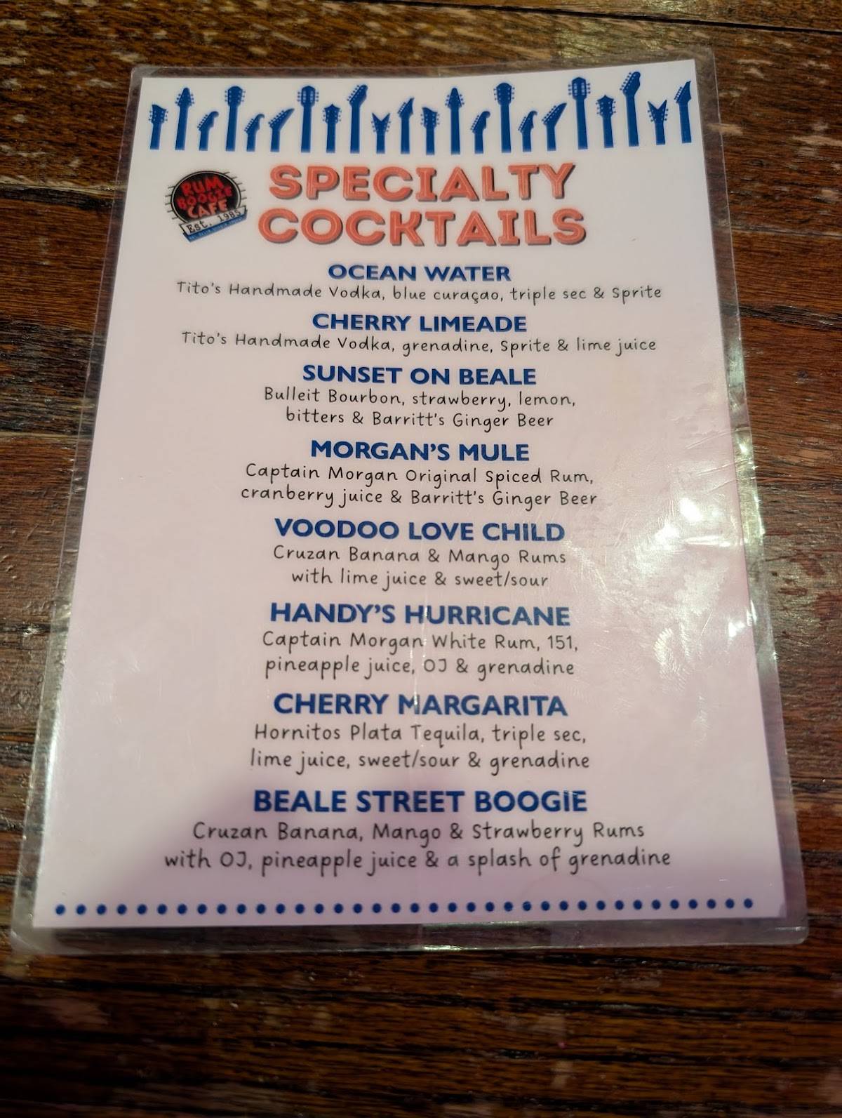 Menu at Rum Boogie Cafe, Memphis, 182 Beale St