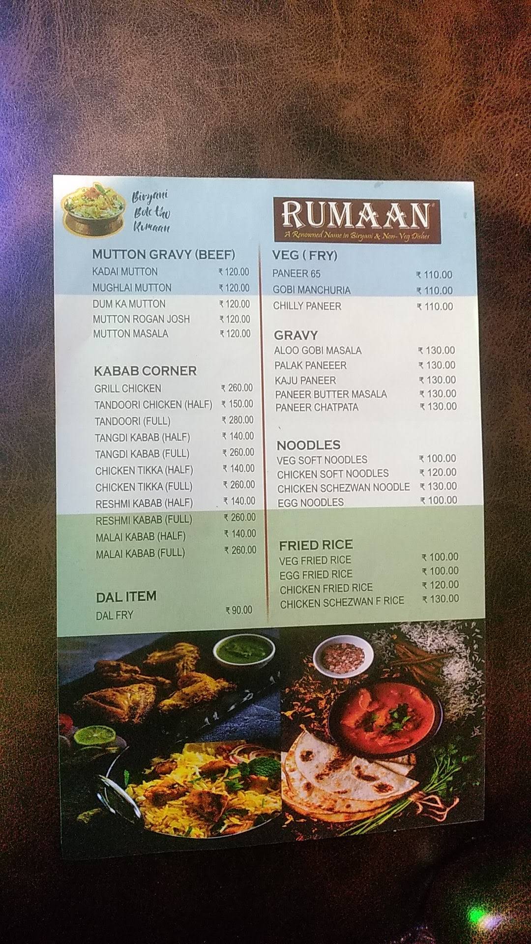 Menu at Rumaan hotel, Chennai