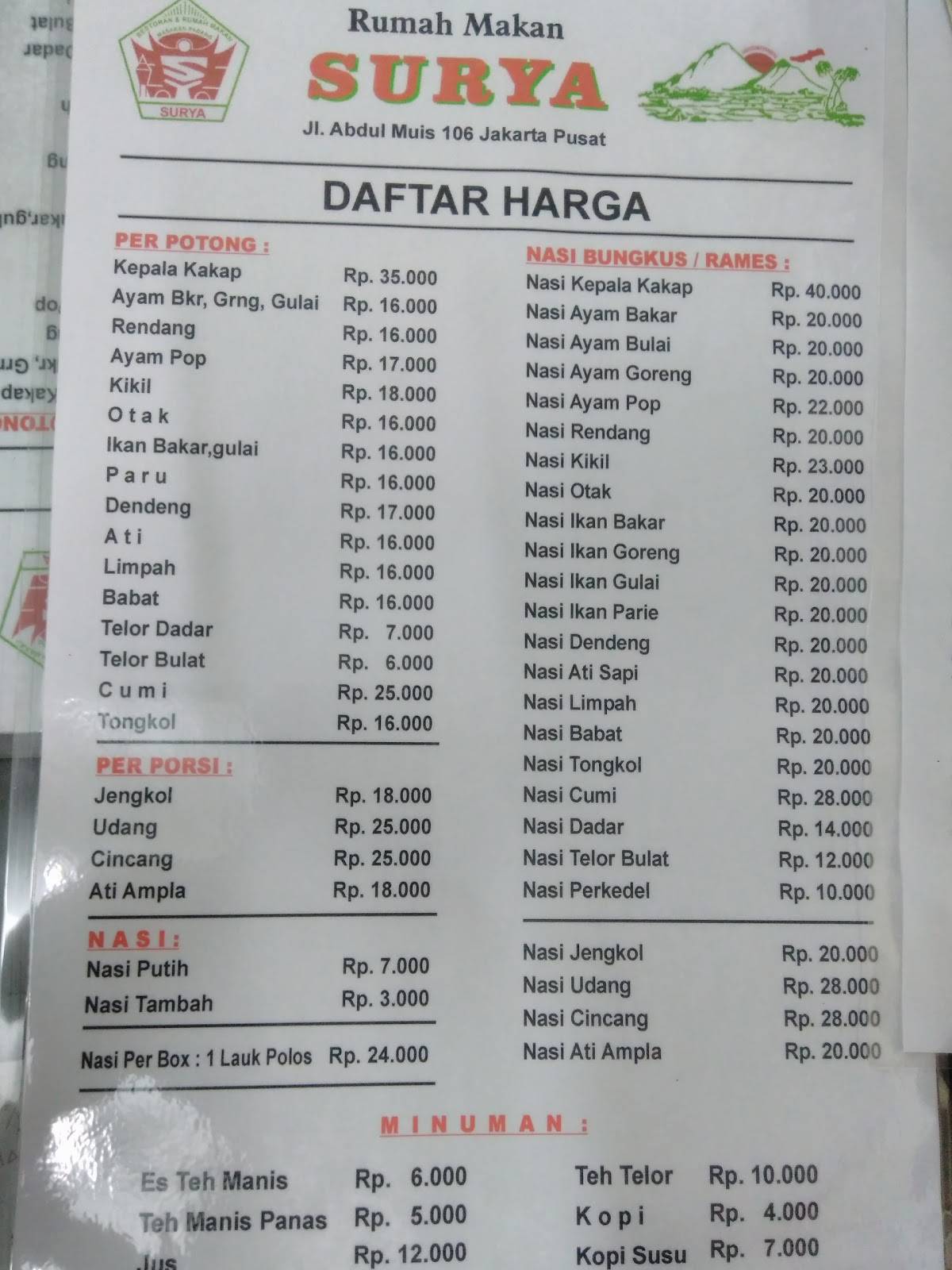 Menu at RM & Restoran Surya (Rumah Makan Surya Abdul Muis) restaurant ...