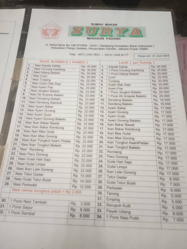 Menu at RM & Restoran Surya (Rumah Makan Surya Abdul Muis) restaurant ...