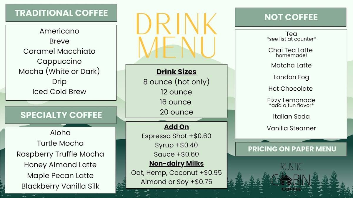 Menu at Rustic Cabin Coffee cafe, Duvall