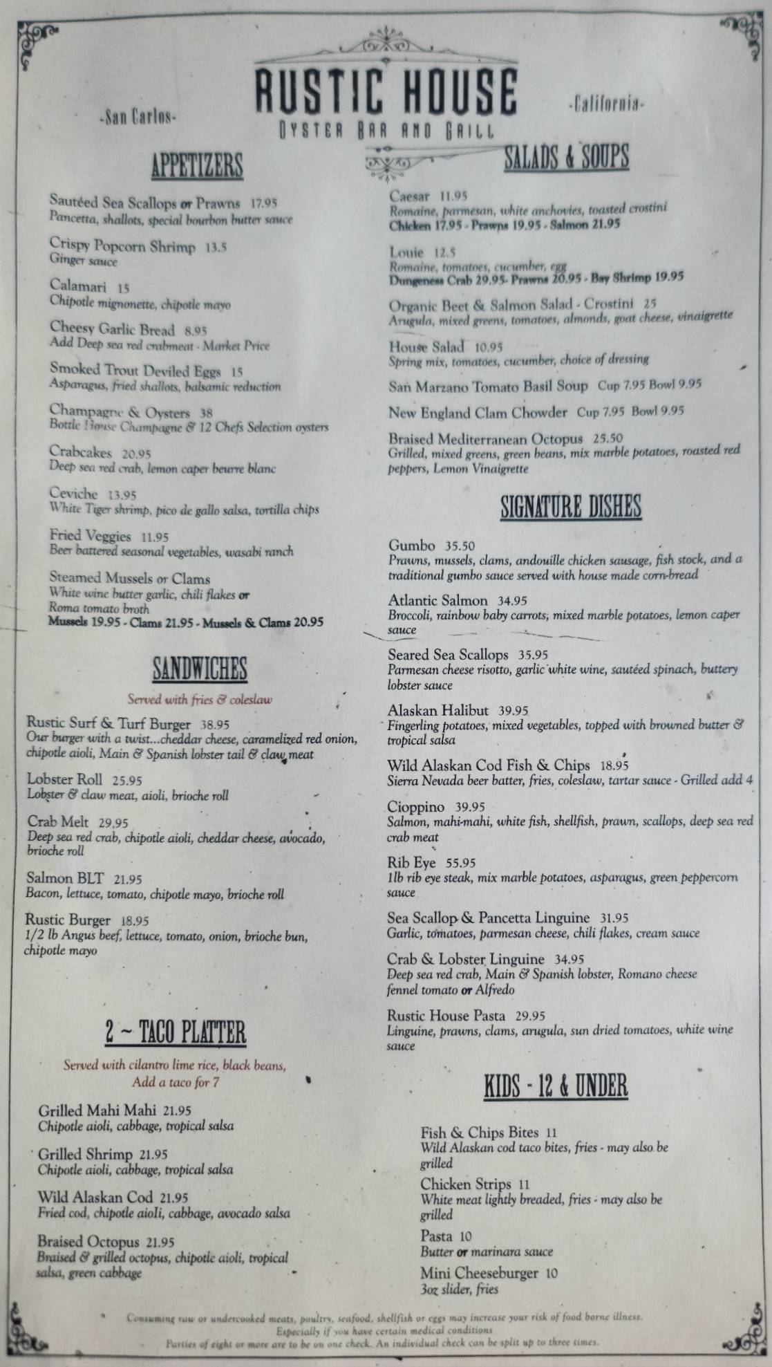 Menu at Rustic House Oyster Bar & Grill, San Carlos