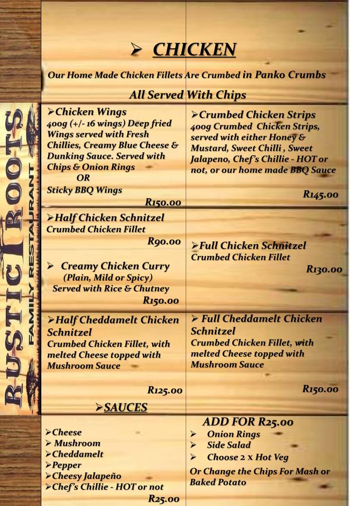Menu at Rustic Roots Family Restaurant, Randfontein