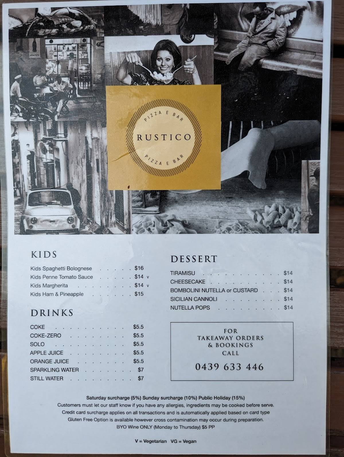 Menu at Rustico restaurant, Katoomba