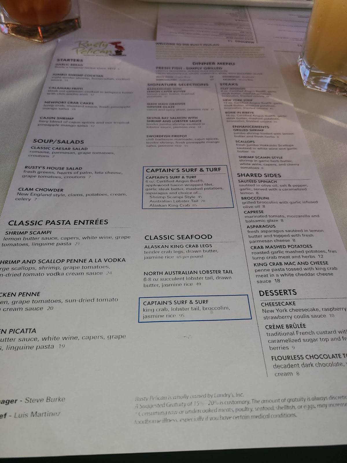 Menu at Rusty Pelican restaurant, Newport Beach, West Coast Hwy
