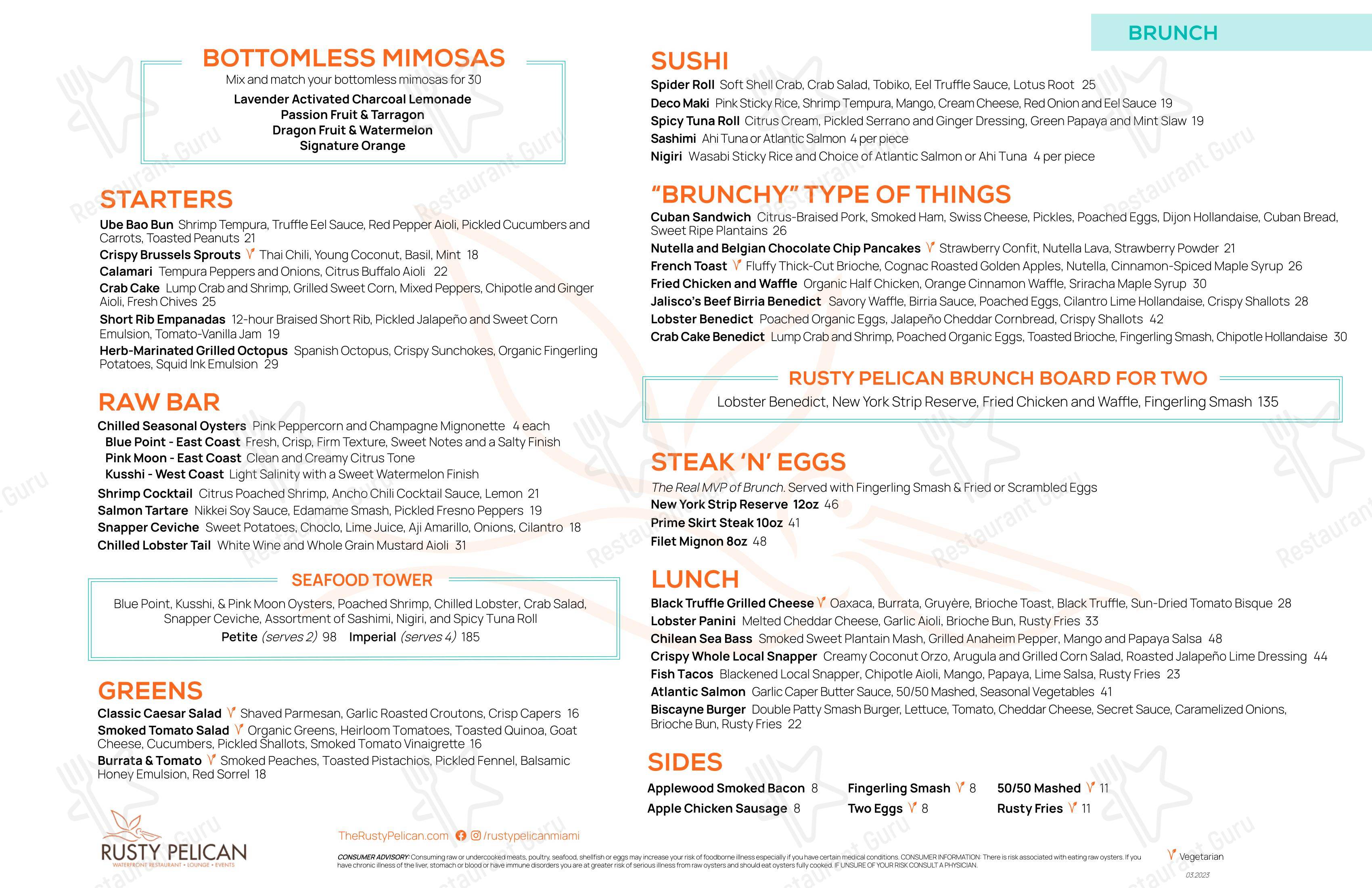 Menu at Rusty Pelican Miami restaurant, Miami, Rickenbacker Cwy