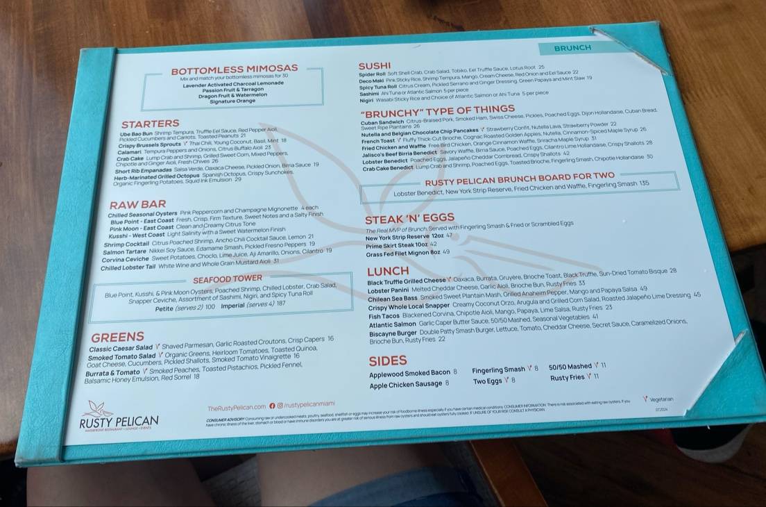 Menu at Rusty Pelican Miami restaurant, Miami, Rickenbacker Cwy