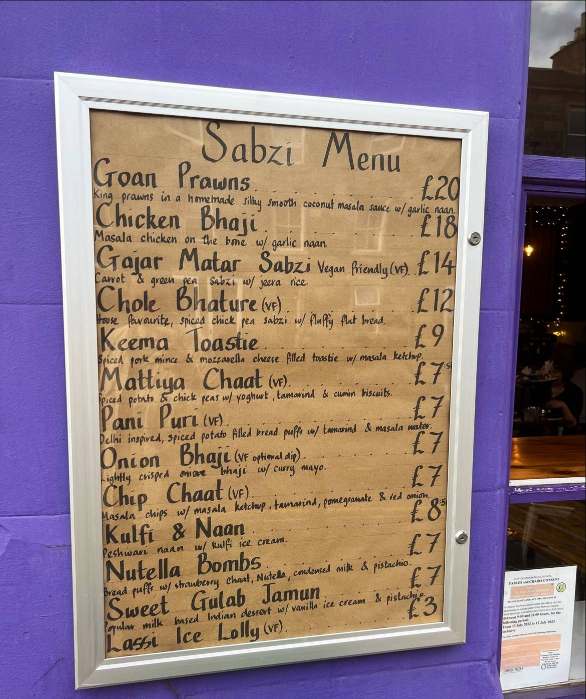 Menu at SABZI restaurant, Edinburgh