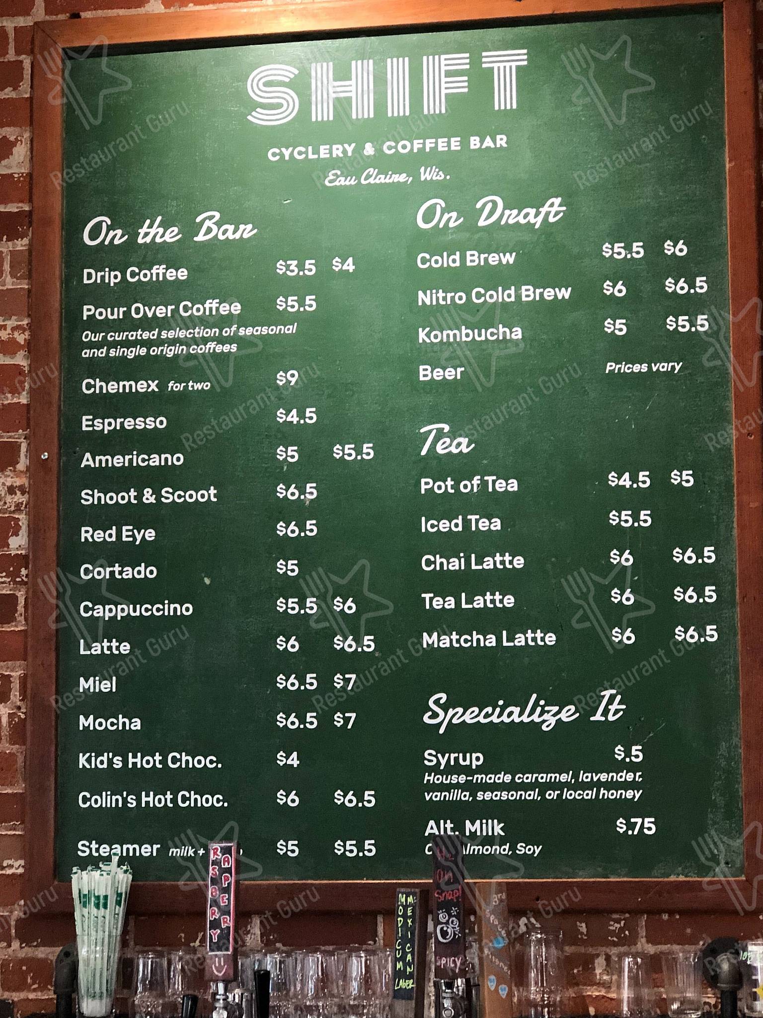 Menu at SHIFT Cyclery & Coffee Bar, Eau Claire