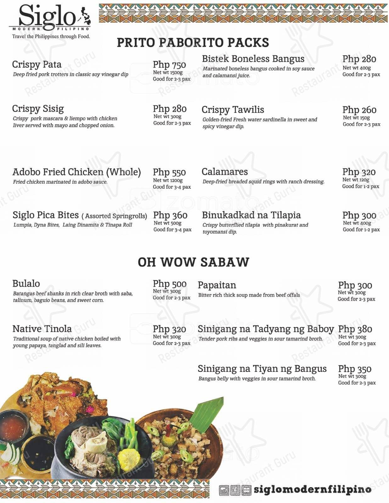 Menu at SIGLO MODERN FILIPINO restaurant, Tagaytay, Tagaytay - Calamba Rd