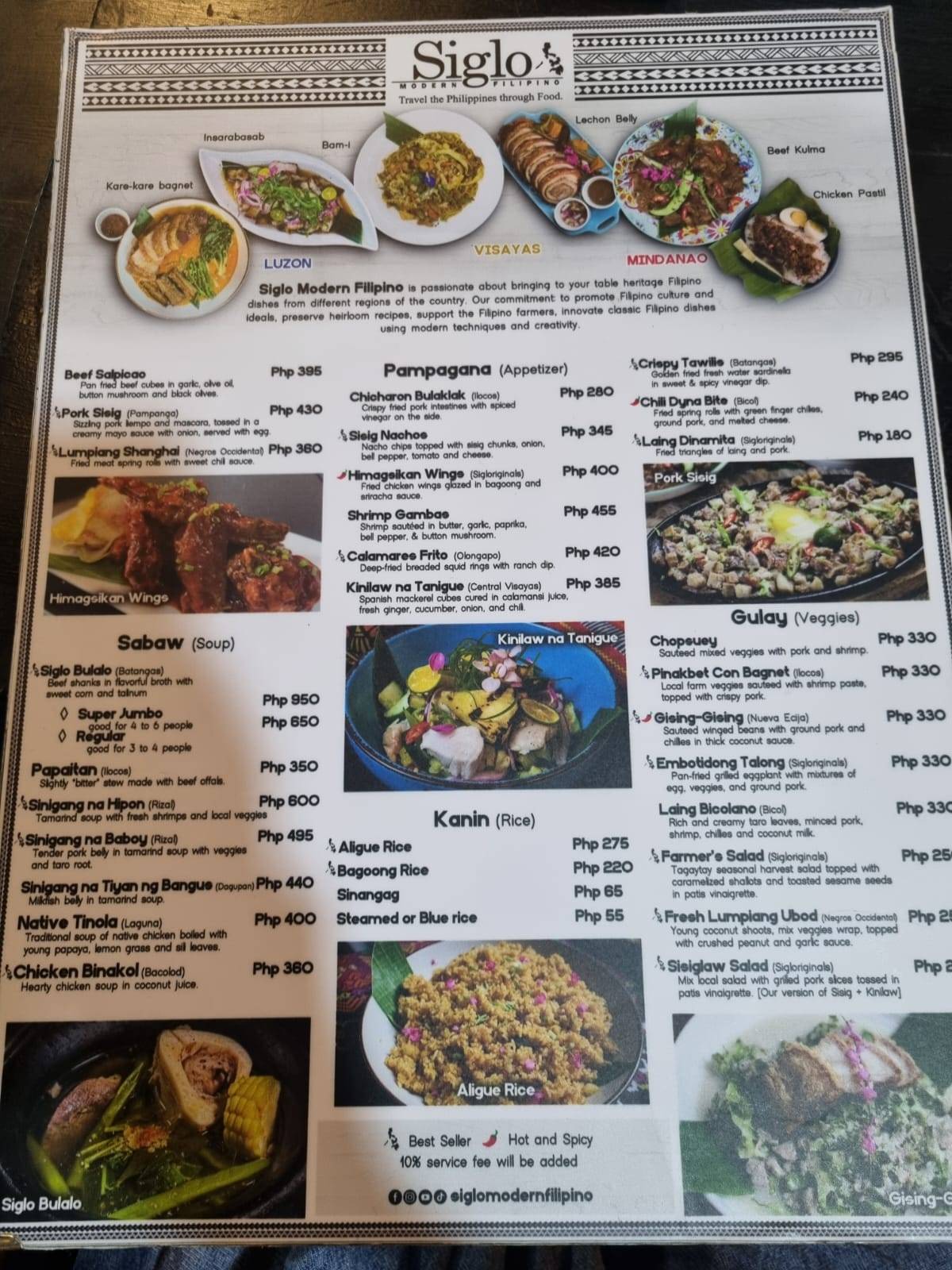 Menu at SIGLO MODERN FILIPINO restaurant, Tagaytay, Tagaytay - Calamba Rd