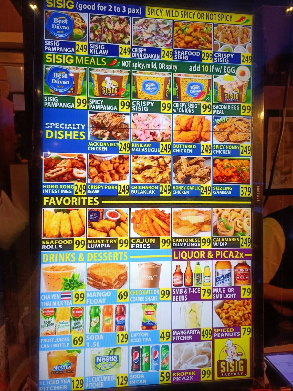 Menu at SISIG FACTORY restaurant, Davao City