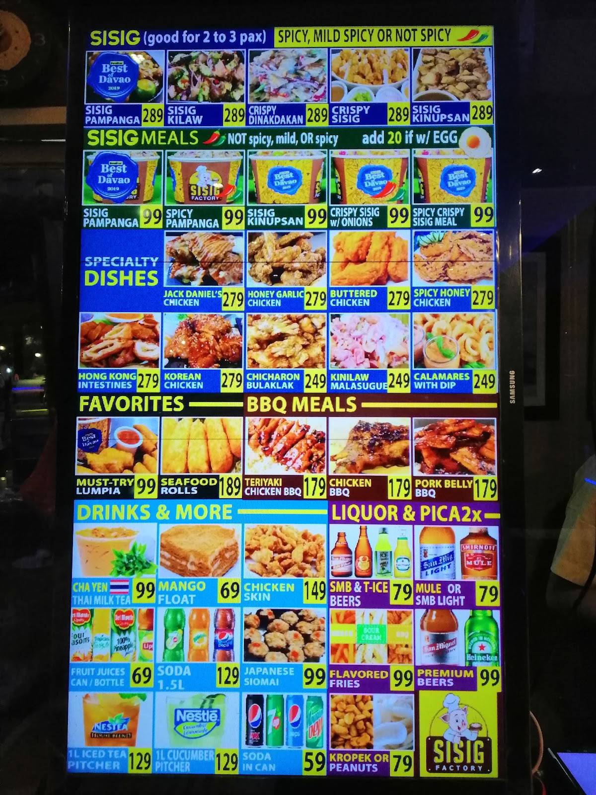 Menu at SISIG FACTORY restaurant, Davao City