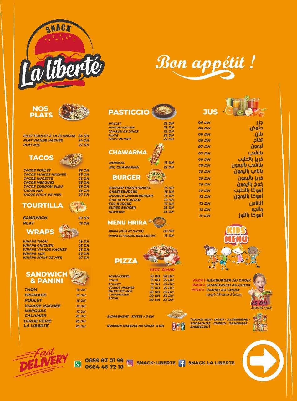 Carta del restaurante SNACK LA LIBERTÉ good food, Marrakech