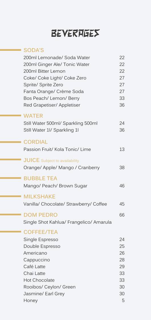 Menu at SONAMU restaurant, Cape Town