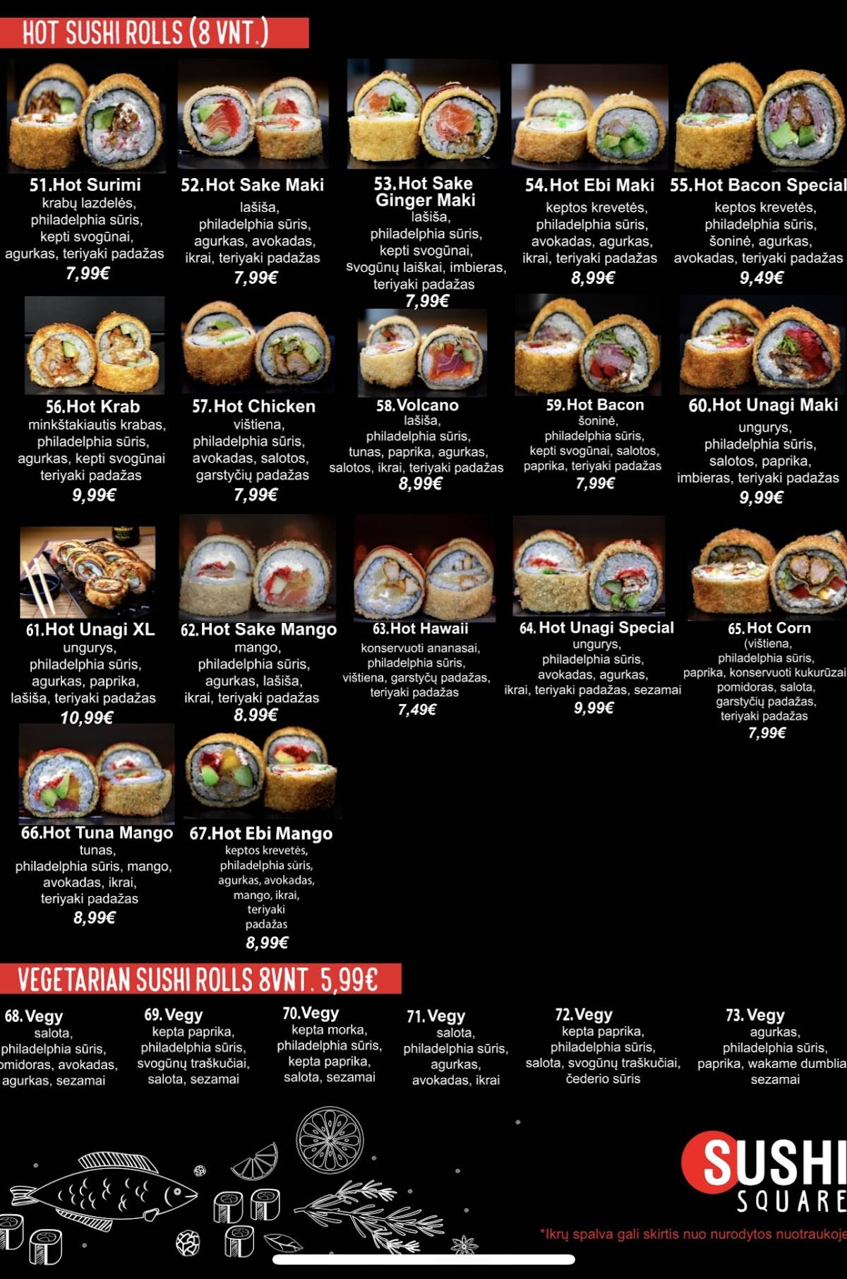 Menu at SUSHI SQUARE restaurant, Vilnius, Liepkalnio g. 1