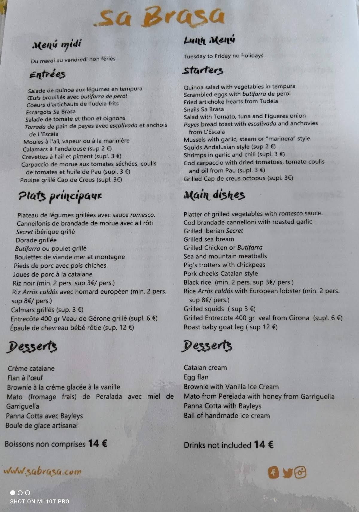 Carta del restaurante Sa Brasa, Roses