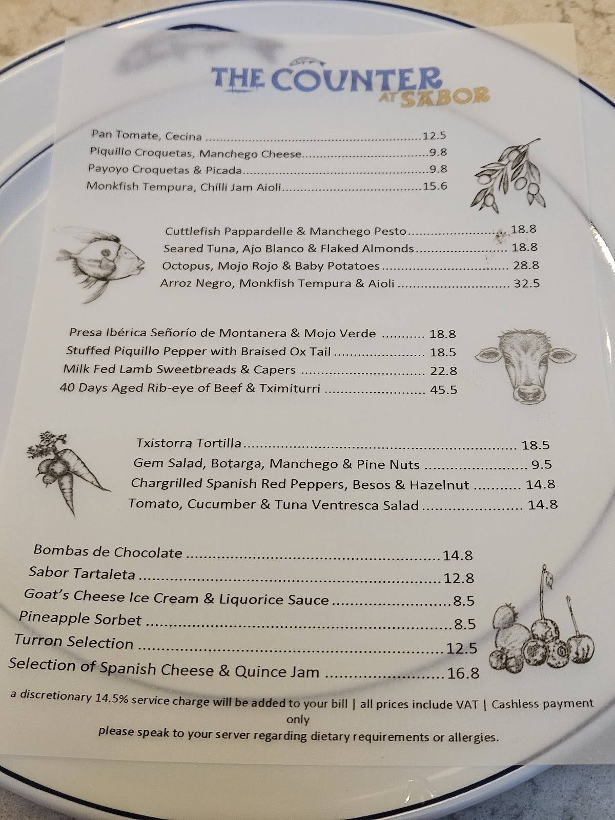 Menu at Sabor restaurant, London, 35-37 Heddon St