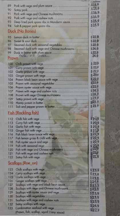 Menu at Saigon Sun restaurant, Altona
