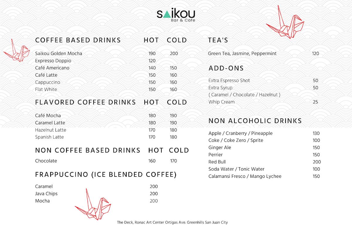 Menu at Saikou Bar & Cafe, San Juan