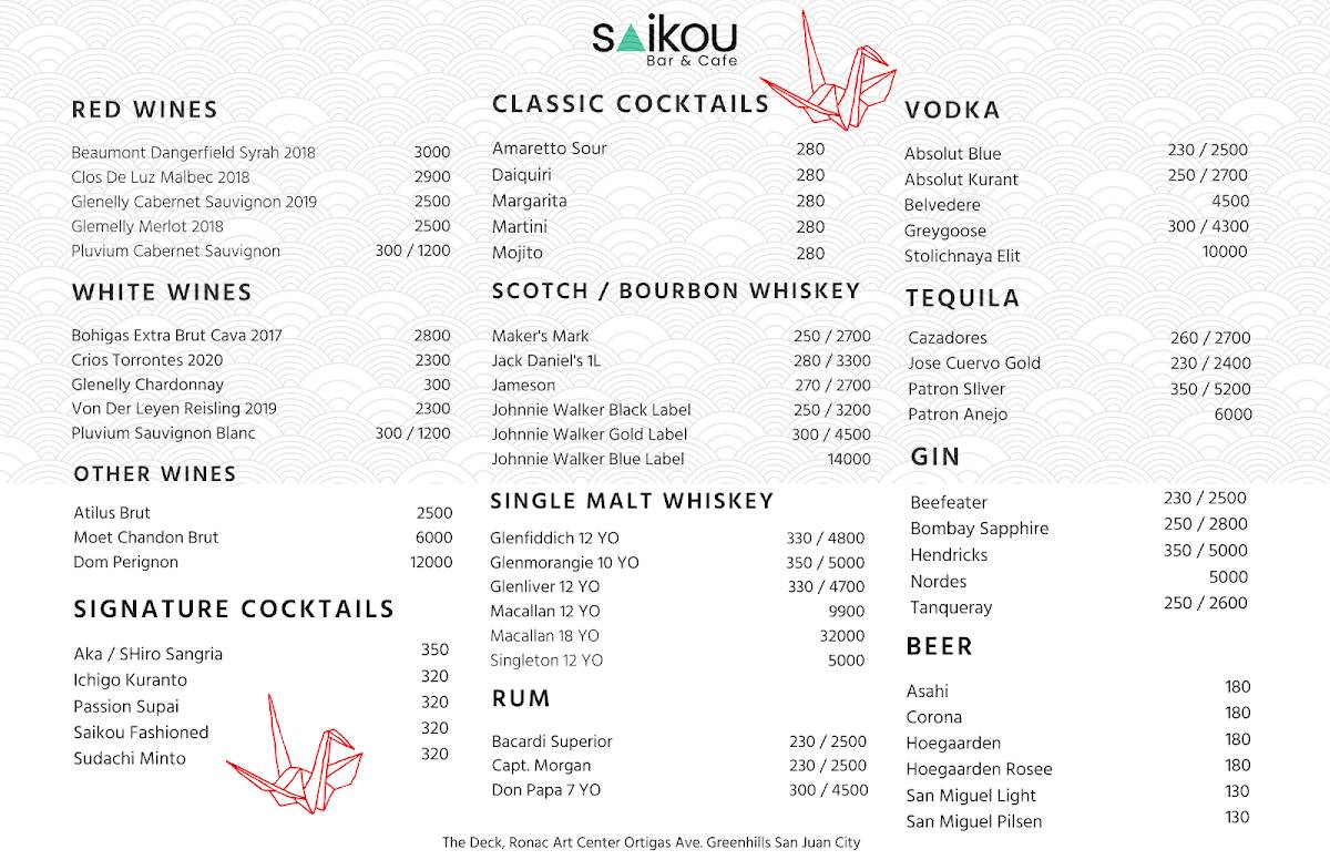 Menu at Saikou Bar & Cafe, San Juan