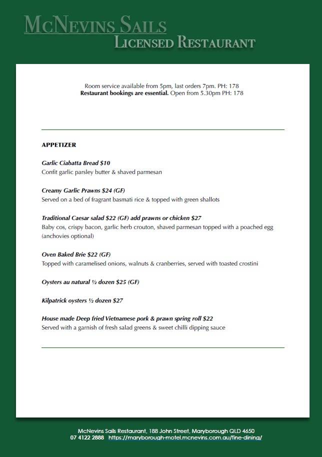 Menu at Sails Restaurant - McNevins Maryborough, Maryborough