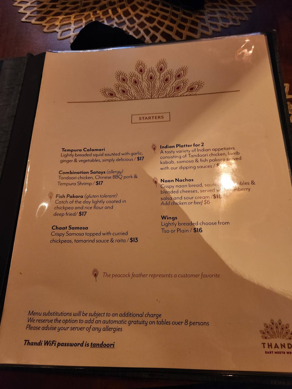 Menu at Thandi restaurant, Saint John