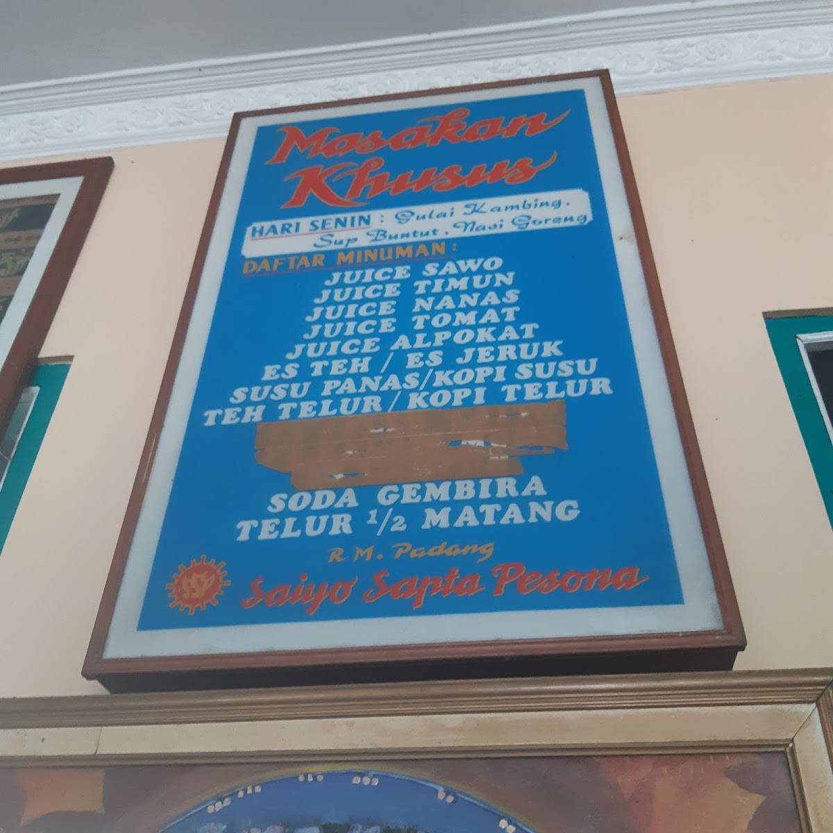 Carta de Saiyo Sapta Pesona Restaurant, Wates