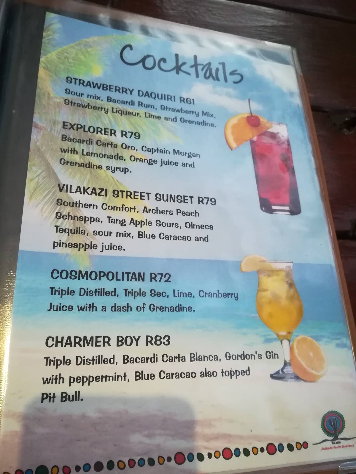 Menu at Sakhumzi Restaurant, Soweto