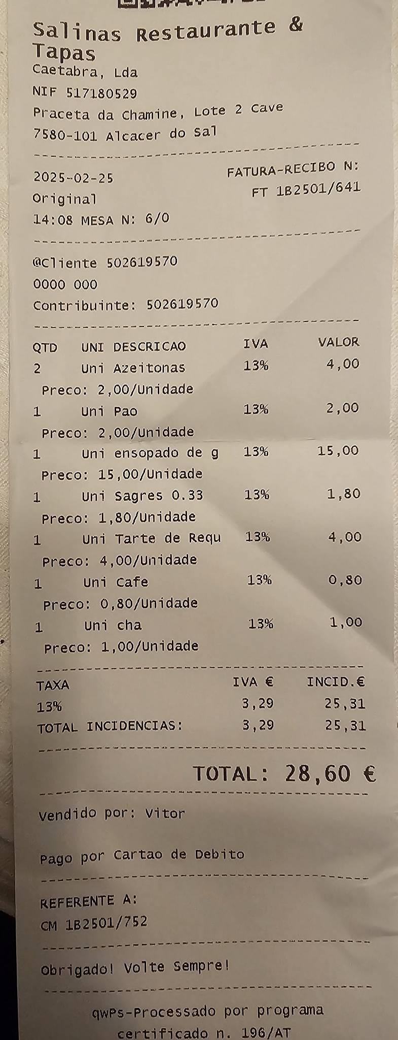 Menu at Salinas restaurant, Alcácer do Sal