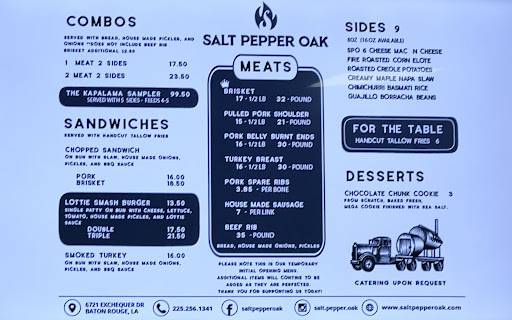 Menu at Salt Pepper Oak restaurant, Baton Rouge