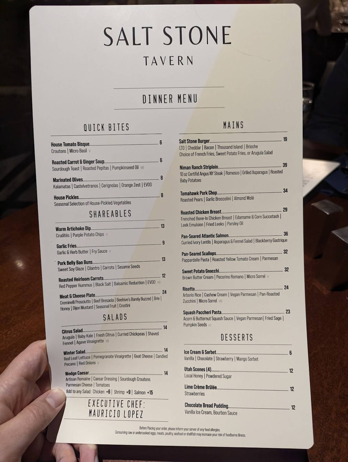 Menu at Salt Stone restaurant, Salt Lake City