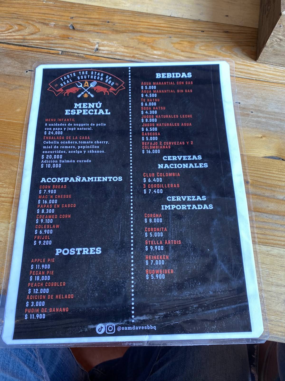 Carta del restaurante Sam & Dave's Smokehouse, Tenjo