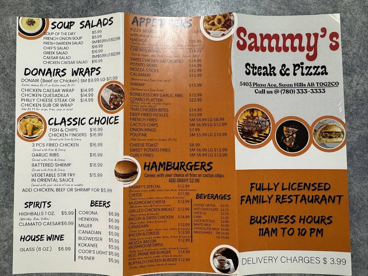 Menu at Sammy's Steak & Pizza steakhouse, Swan Hills