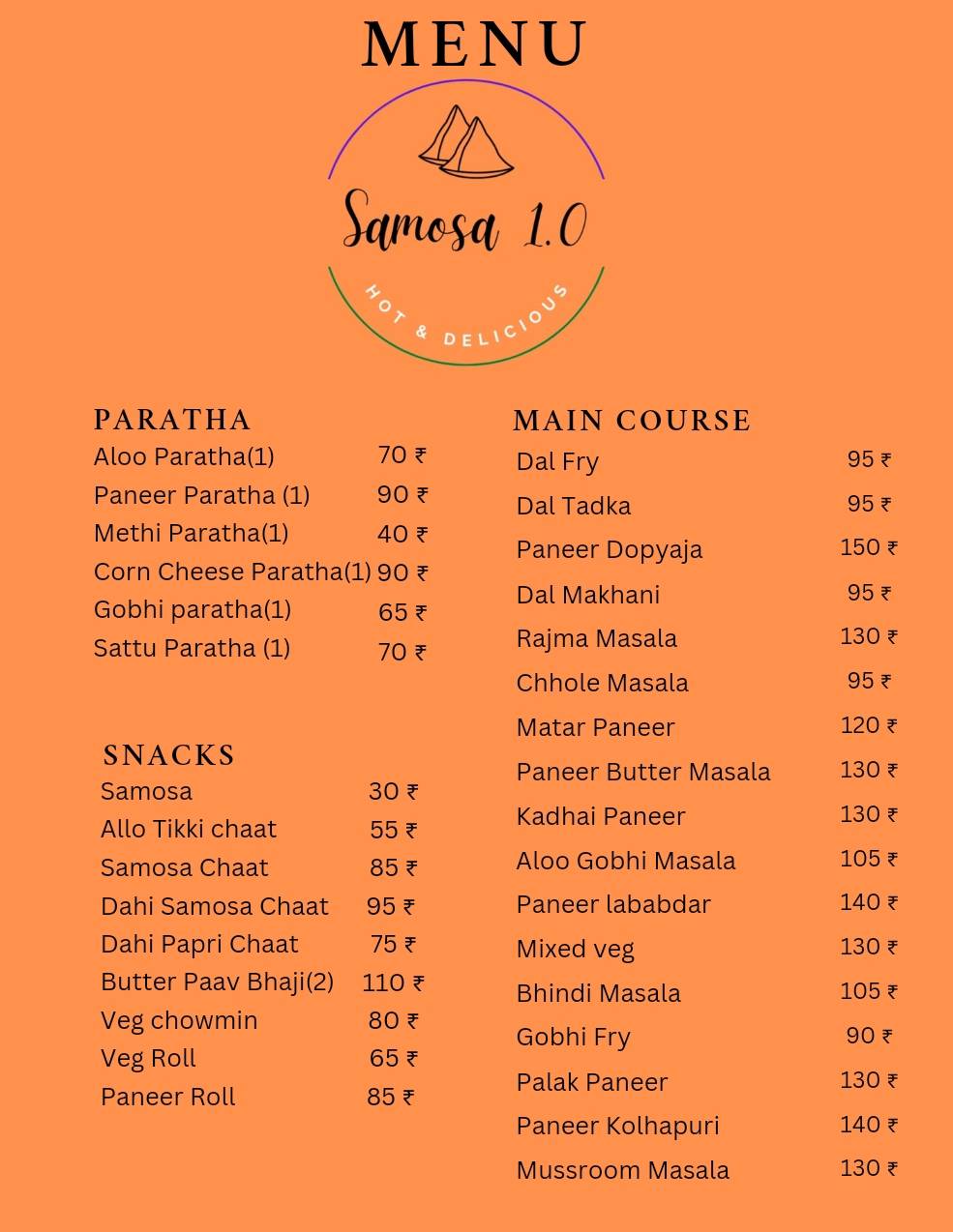 Menu at Samosa 1.0, Bengaluru