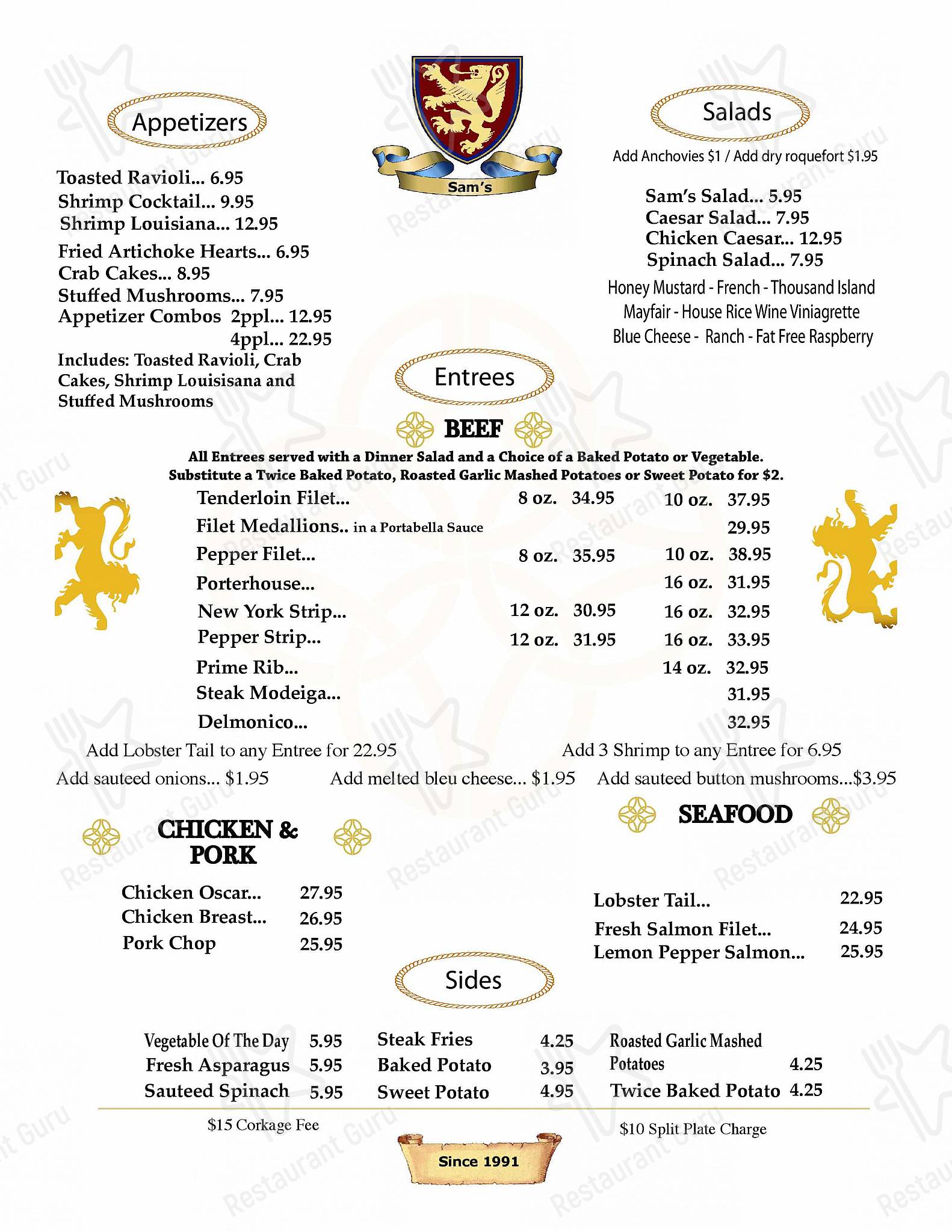 Menu at Sam's Steakhouse, St. Louis, Gravois Rd