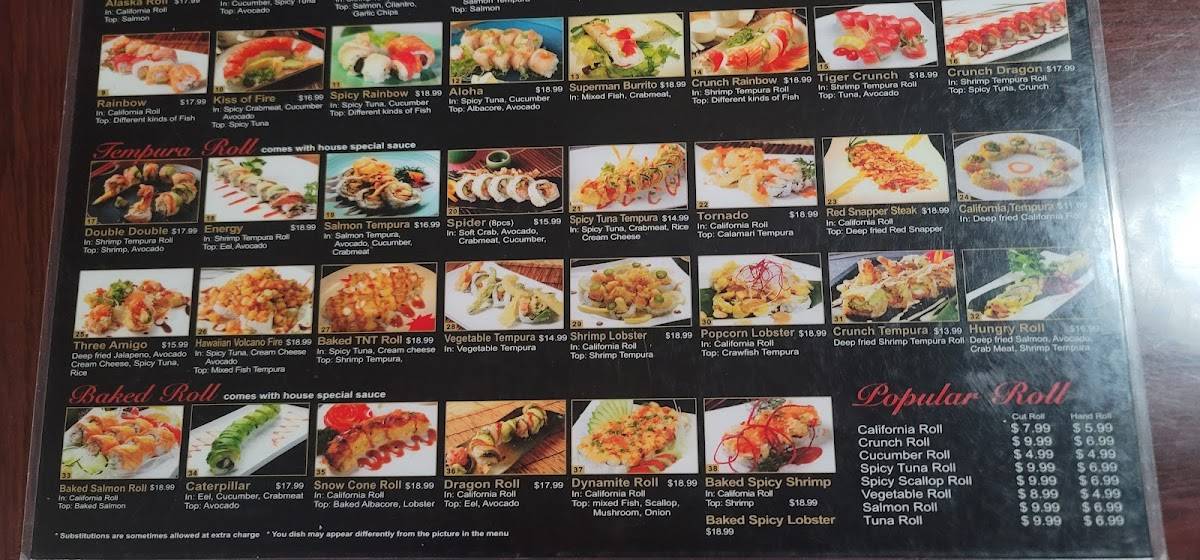 Menu at Samurai Sushi restaurant, Paso Robles
