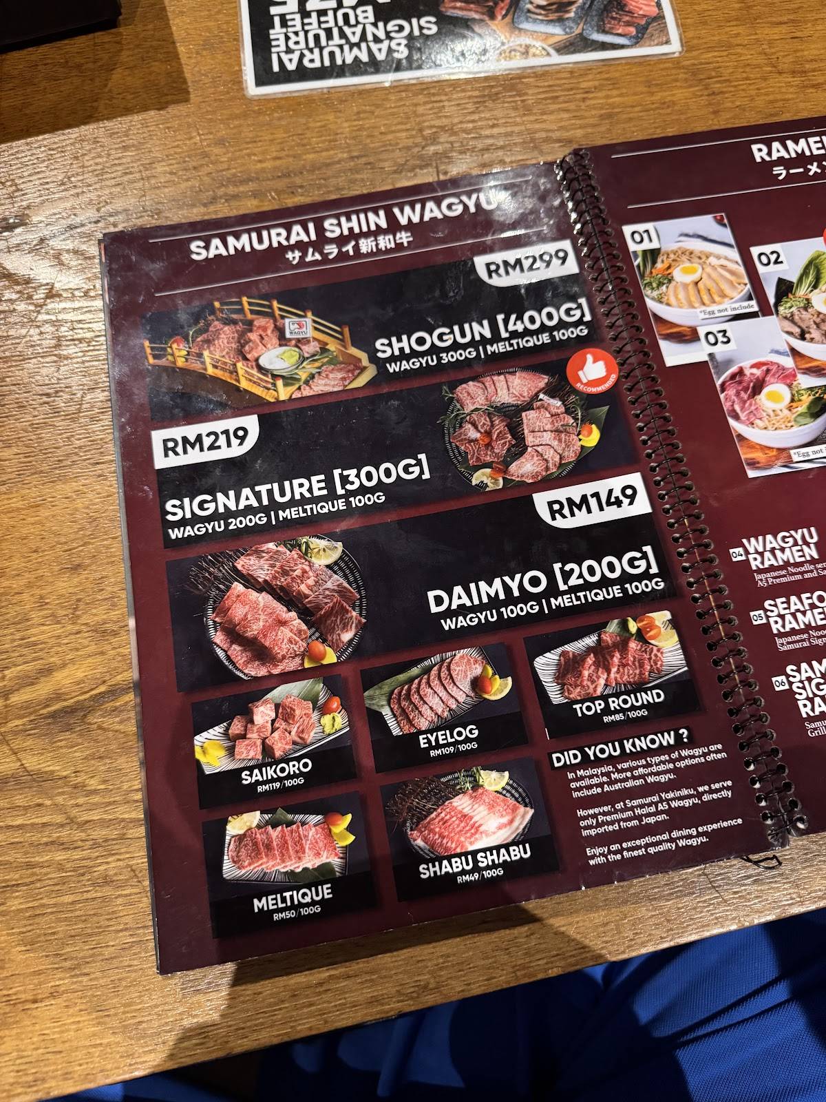 Menu at Samurai Yakiniku Setapak restaurant, Kuala Lumpur