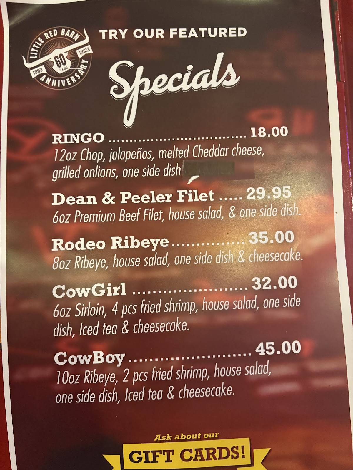 Menu at Little Red Barn Steak House, San Antonio